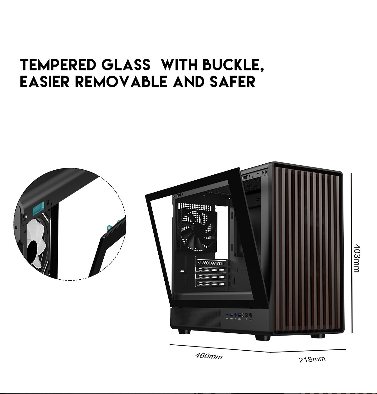 DIYPC DIY-mATX06-Wood Black USB3.0 /Type C Micro ATX Mid Tower Gaming Computer Case w/ Tempered ...